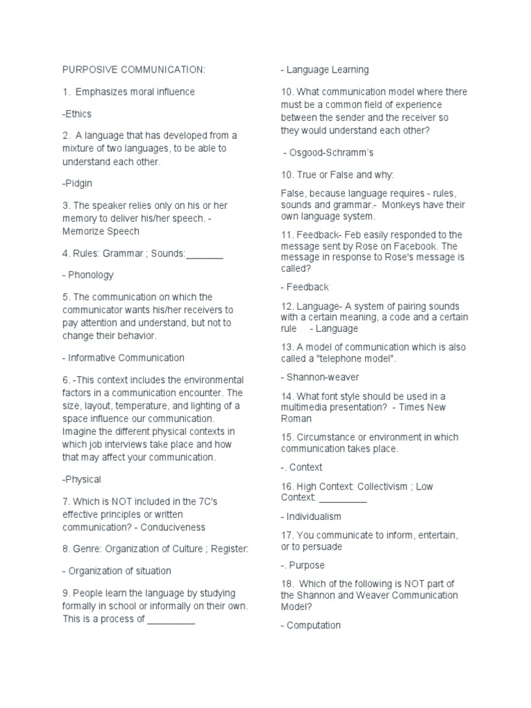 PURPOSIVE COMMUNICATION Key Answer | PDF | Communication | Second Language