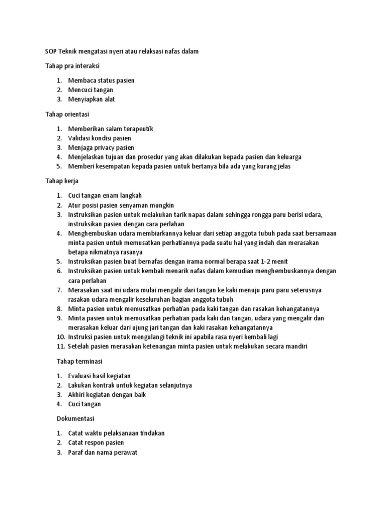 SOP Teknik Mengatasi Nyeri Atau Relaksasi Nafas Dalam | PDF