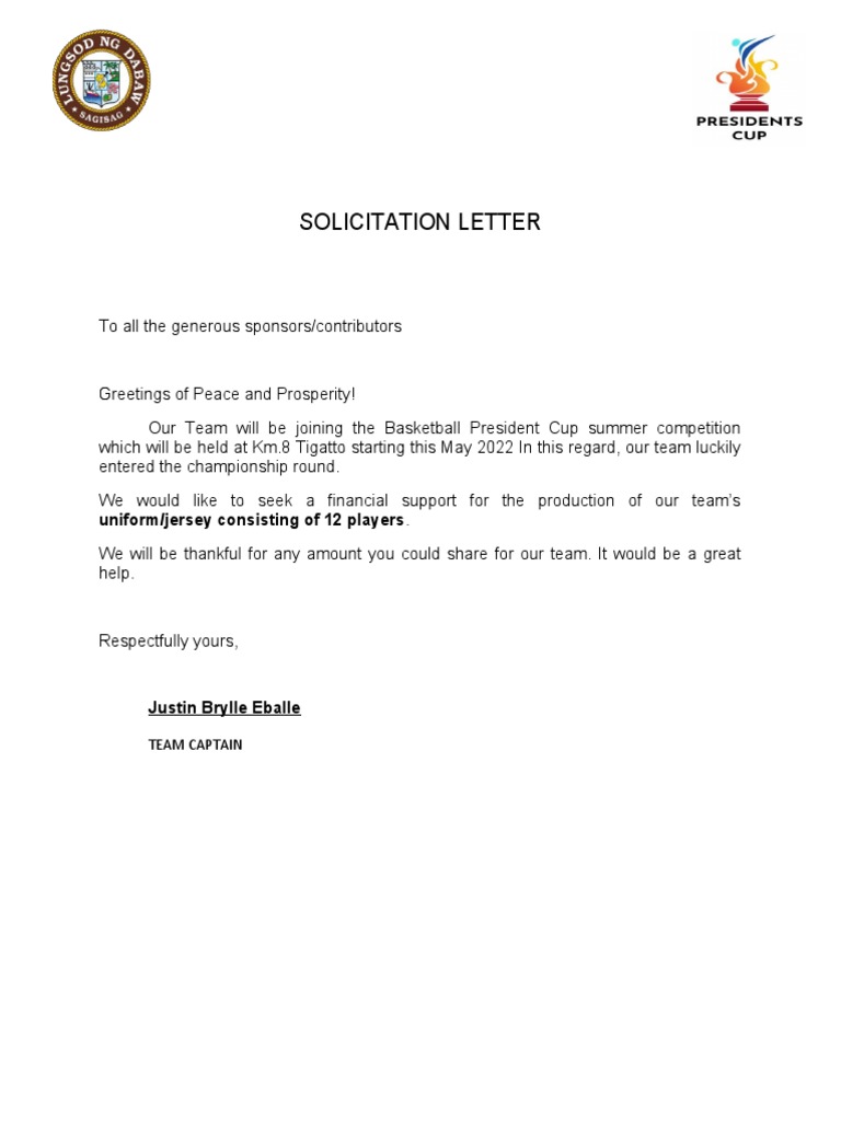 Solicitation Letter: Uniform/jersey Consisting of 12 Players | PDF