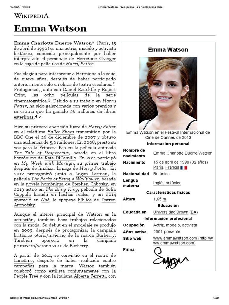 Emma Watson - Wikipedia, La Enciclopedia Libre | PDF | Harry Potter