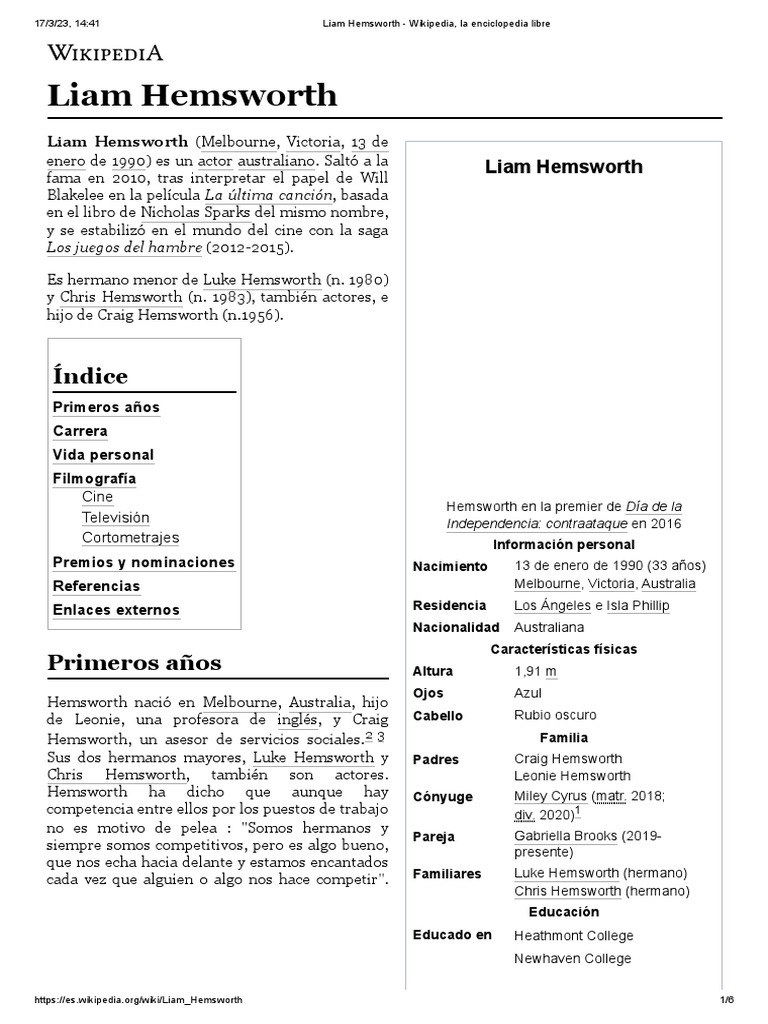 Liam Hemsworth - Wikipedia, La Enciclopedia Libre | PDF