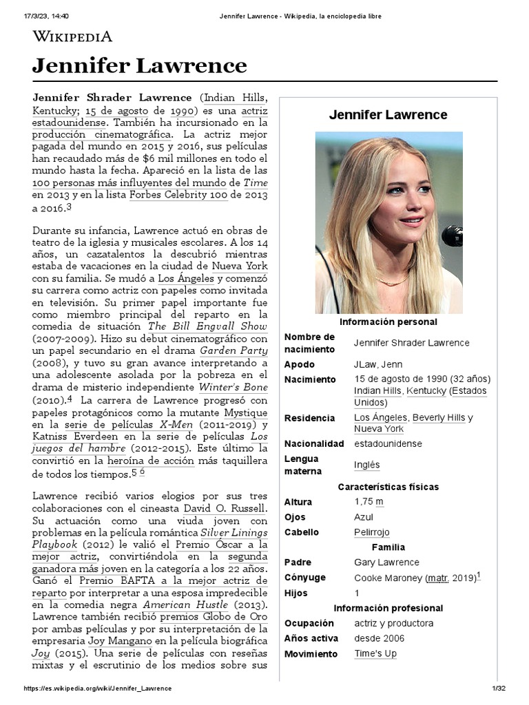 Jennifer Lawrence - Wikipedia, La Enciclopedia Libre | PDF
