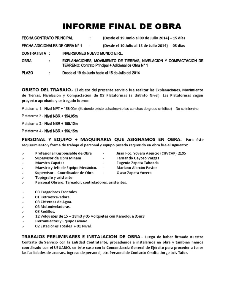 Informe Final de Obra | PDF | Ingeniero civil | Agua