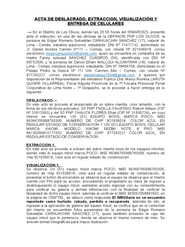 Acta de Deslacrado, Visualizacion y Entrega Cel. | PDF