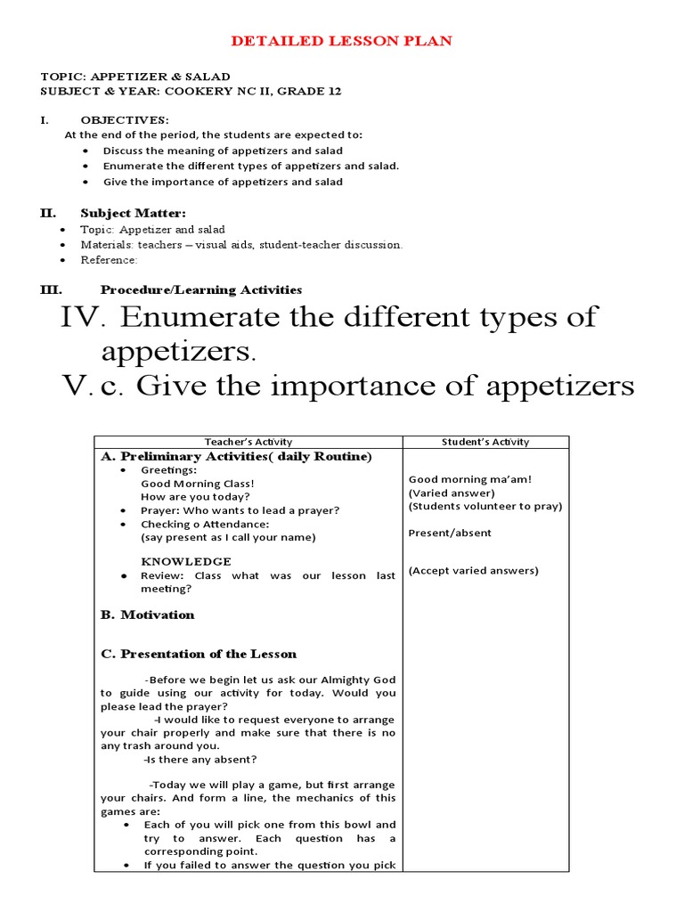 DETAILED - LESSON - PLAN Cookery | PDF | Hors D'oeuvre | Salad
