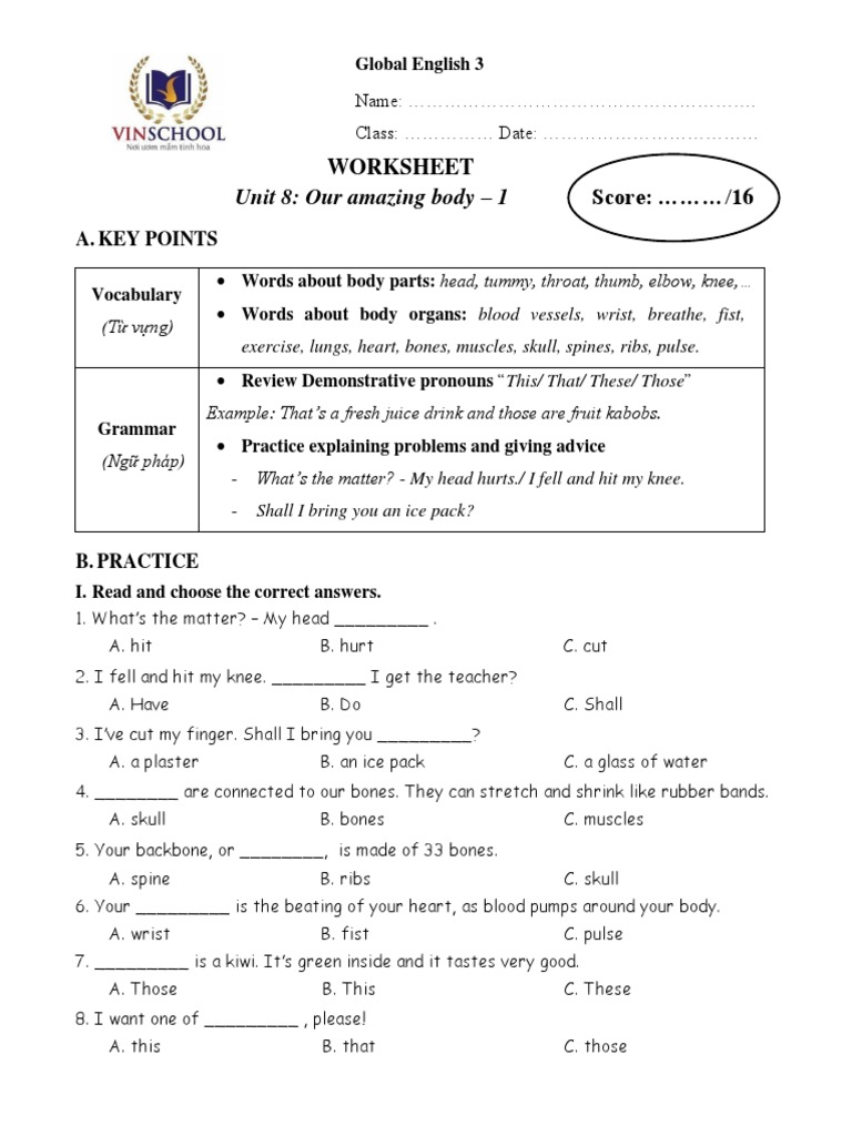 Unit 8: Our Amazing Body - 1 Score: /16: Worksheet | PDF