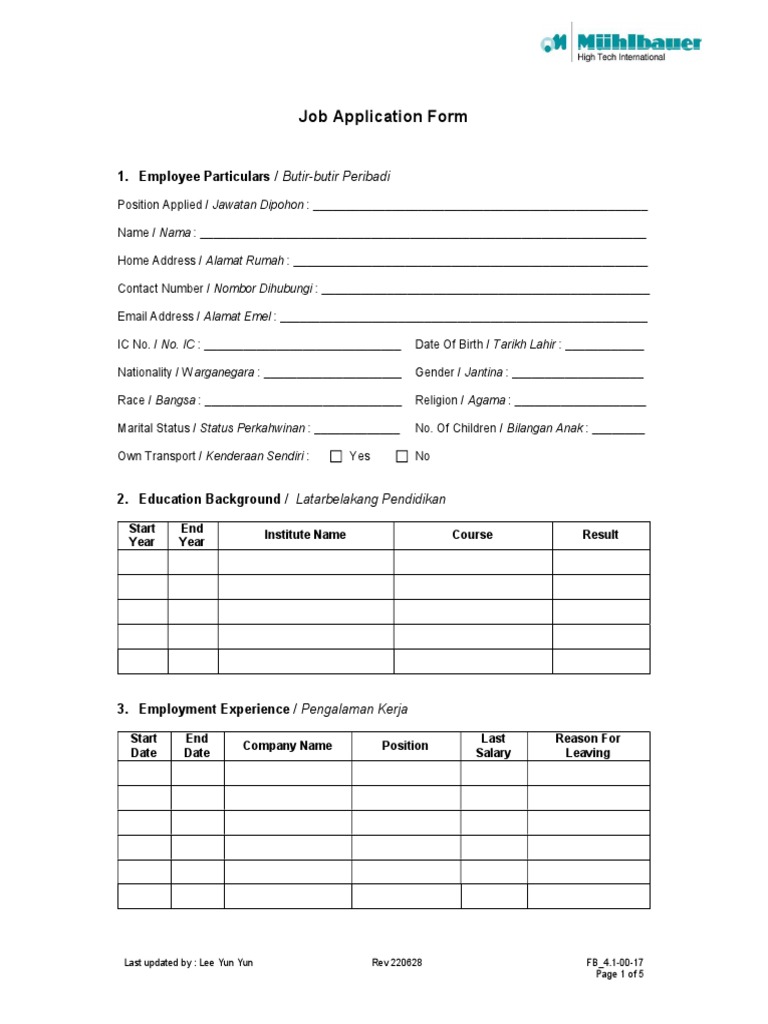 Job Application Form: 1. Employee Particulars / Butir-Butir Peribadi ...
