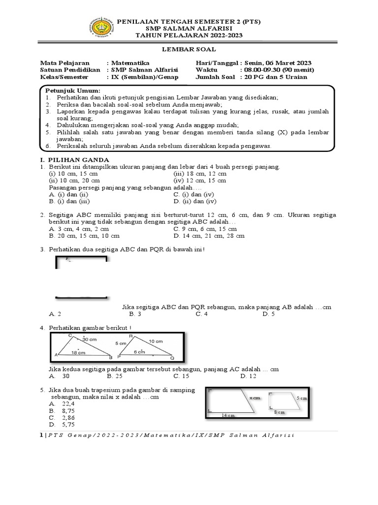 Soal PTS 2 Matematika Kelas 9 TP 2022-2023 | PDF
