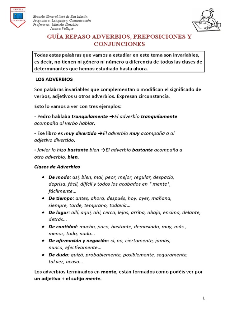 Guía Repaso Adverbios, Preposiciones Y Conjunciones | PDF | Adverbio ...