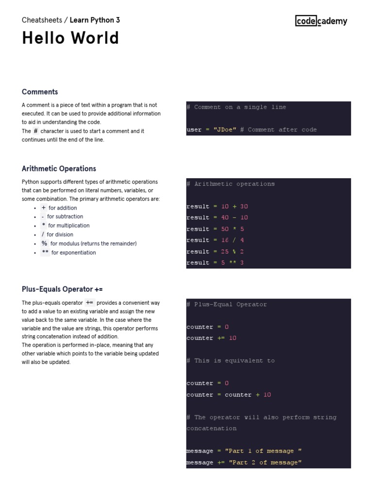 Learn Python 3 - Hello World Cheatsheet - Codecademy | PDF | Parameter (Computer Programming ...
