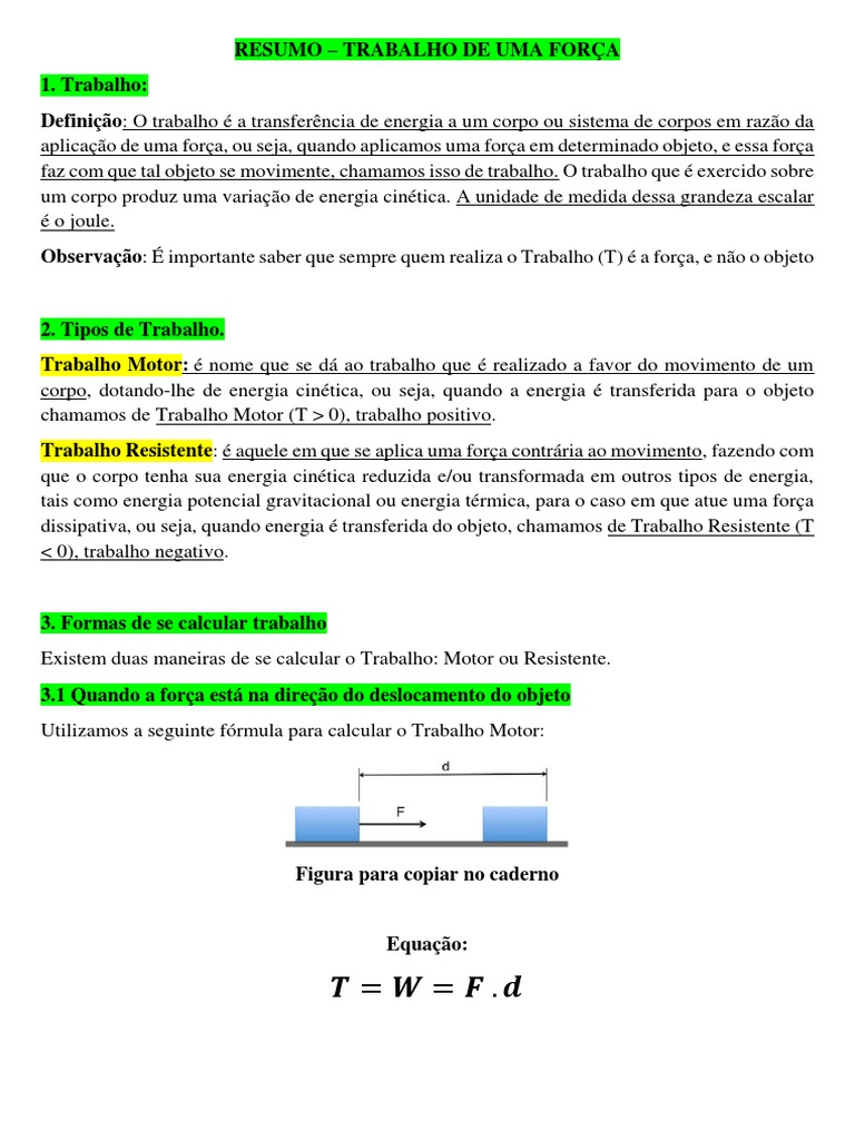Fórmulas para Calcular Trabalho | PDF | Força | Energia cinética