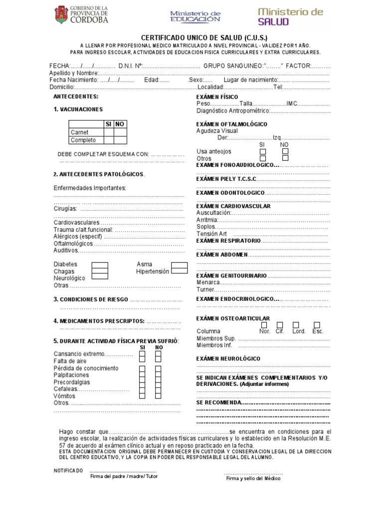 Certificado Unico de Salud (C.U.S.) : 1. Si No | Descargar gratis PDF | Enfermedades y ...