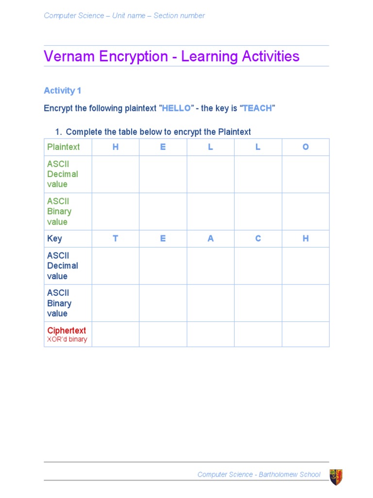 La2 S6 Vernam Encryption Data Representation Pdf 