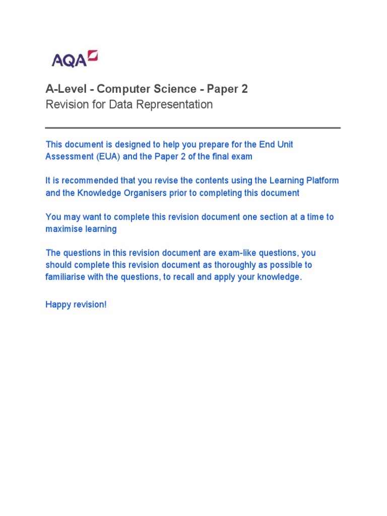 A-Level - Computer Science - Paper 2: Revision For Data Representation | PDF | Encryption | Data ...