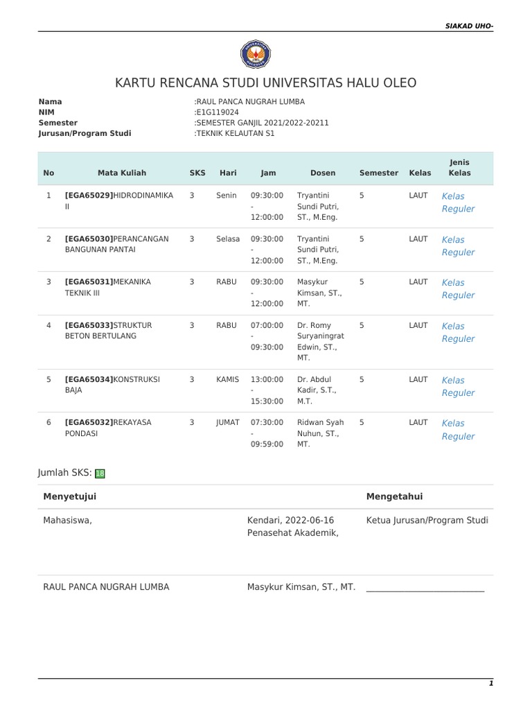 Kartu Rencana Studi Universitas Halu Oleo: Nama NIM Semester Jurusan/Program Studi | PDF