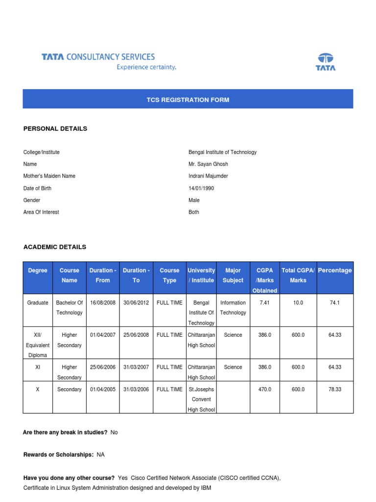 Personal Details: Tcs Registration Form | PDF | Short Message Service ...
