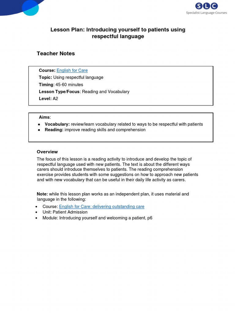 Lesson Plan - Using Respectful Language | PDF | Reading Comprehension ...