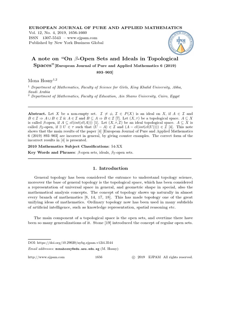 A Note On On Beta-Open Sets and Ideals in Topological Spaces | PDF | Mathematics | Topology