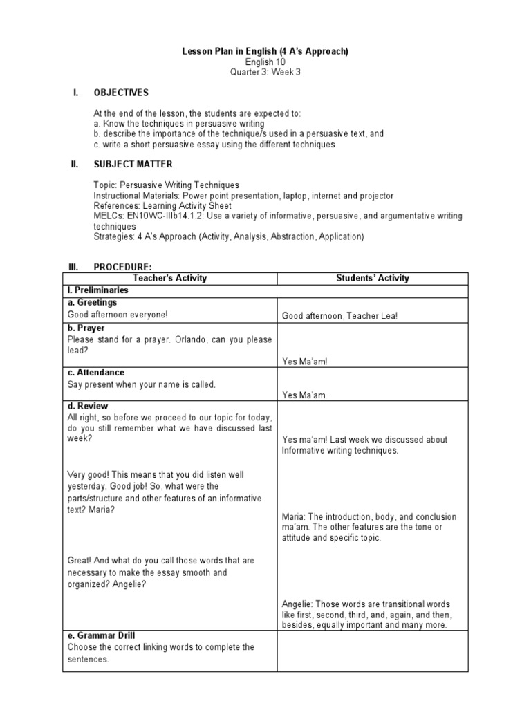 Lesson Plan in English-Grade10Q3W3no2 | PDF | Persuasion | Credibility