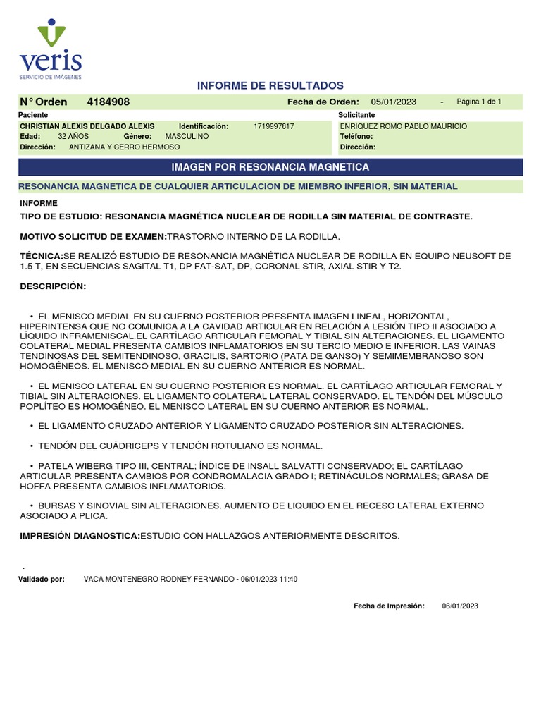 N° Orden: Informe de Resultados | PDF | Rodilla | Anatomía humana