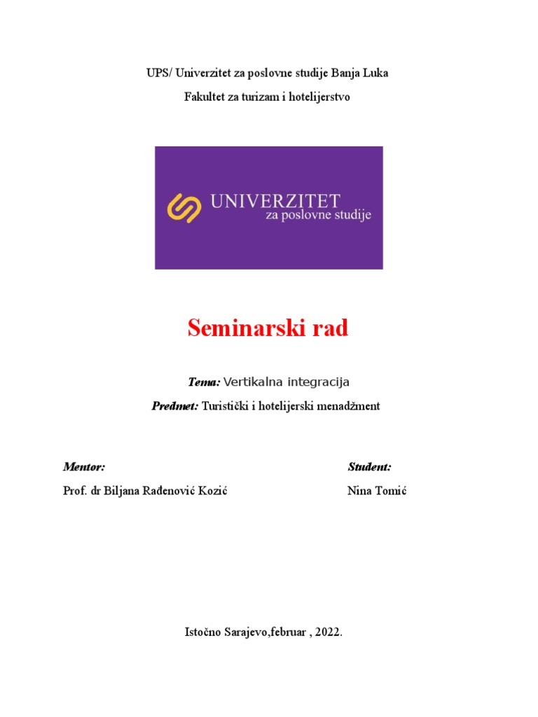 Seminarski Rad: UPS/ Univerzitet Za Poslovne Studije Banja Luka Fakultet Za Turizam I ...