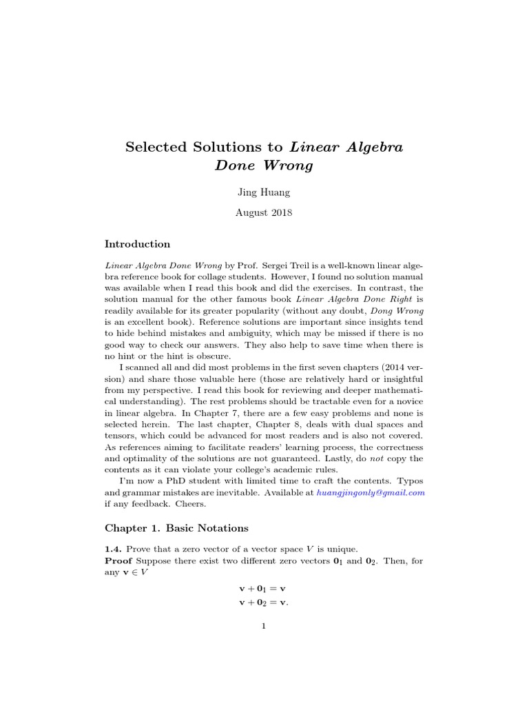 Selected Solutions To Linear Algebra Done Wrong | PDF | Eigenvalues And ...