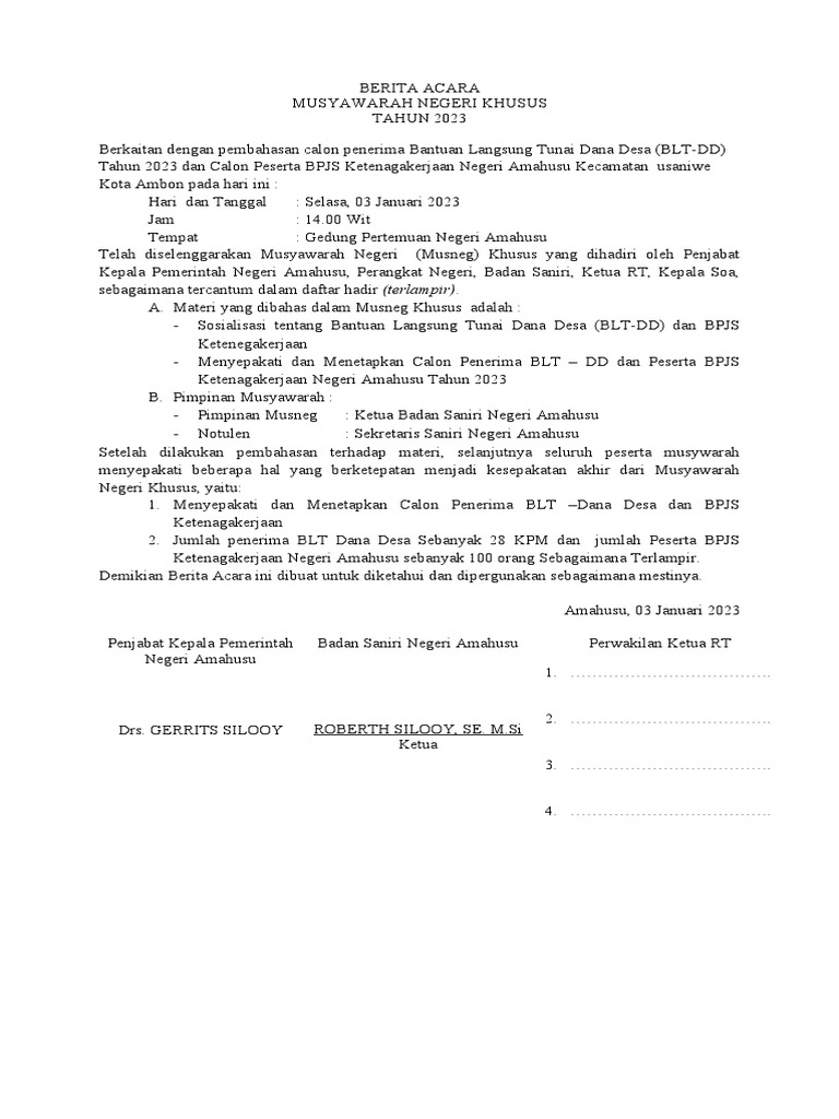 Berita Acara BLT Dan BPJSTK 2023 | PDF | Politik | Olahraga & Rekreasi