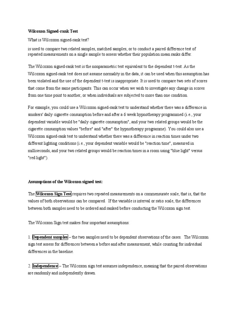 Wilcoxon Signed-Rank Test Overview | PDF | Student's T Test | Methodology