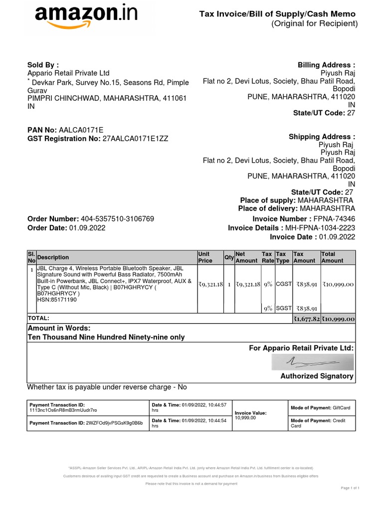 Tax Invoice for JBL Speaker Purchase | PDF | Invoice | Taxes