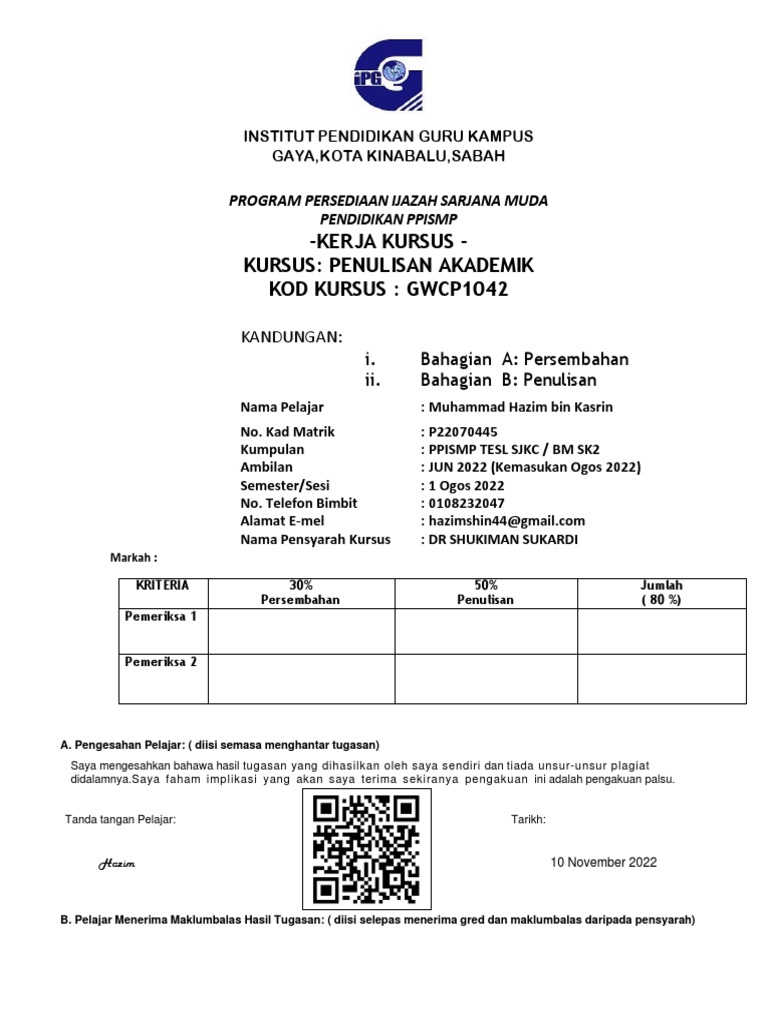 Kerja Kursus - Kursus: Penulisan Akademik Kod Kursus: Gwcp1042 | PDF