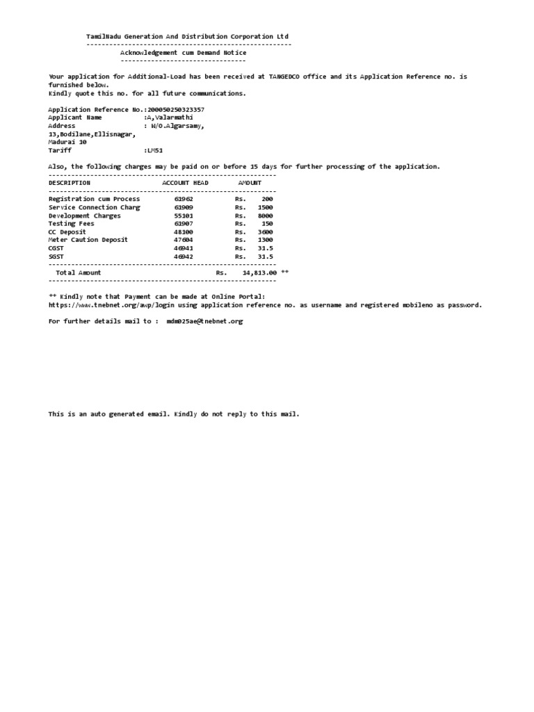 TANGEDCO Additional Load Charges Notice | PDF