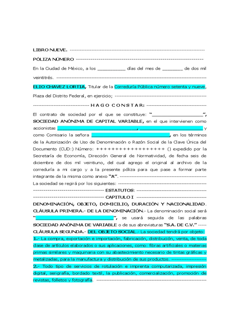 07 Machote Acta Constitutiva | PDF | Compartir (Finanzas) | Sociedad de responsabilidad limitada