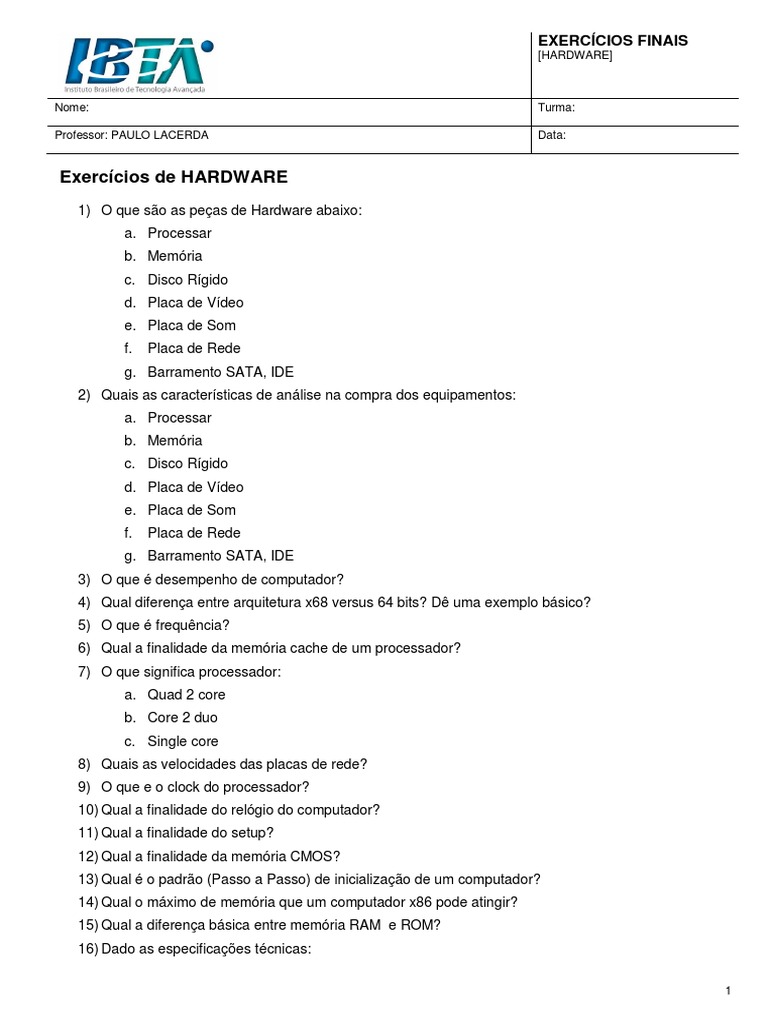 Prova de Curso Tecnico Pronatec Exercicios Finais de Hardware | PDF | Microprocessador | Memória ...