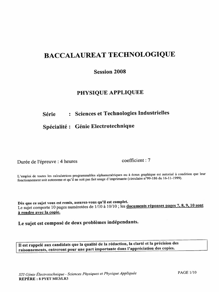 Sujet Et Corrige Bac Sti Genie Electrotechnique Septembre 2008 Physique Appliquee | PDF