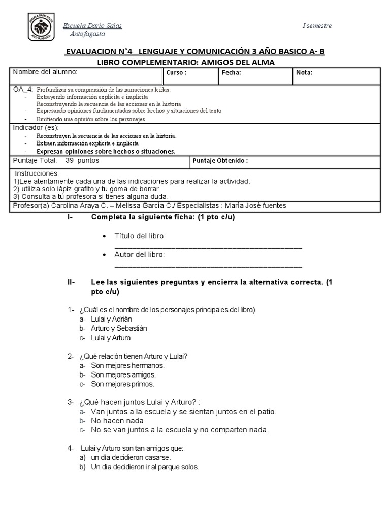Evaluacion N°4 Lenguaje y Comuicación | PDF