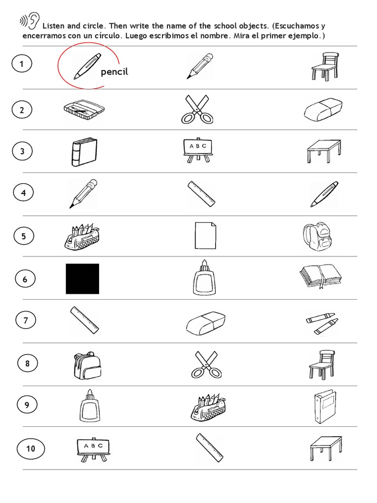 Listen and Circle School Objects | PDF