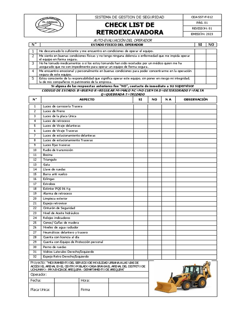 Check List de Retroexcavadora | PDF | Vehículos | Vehículo de motor