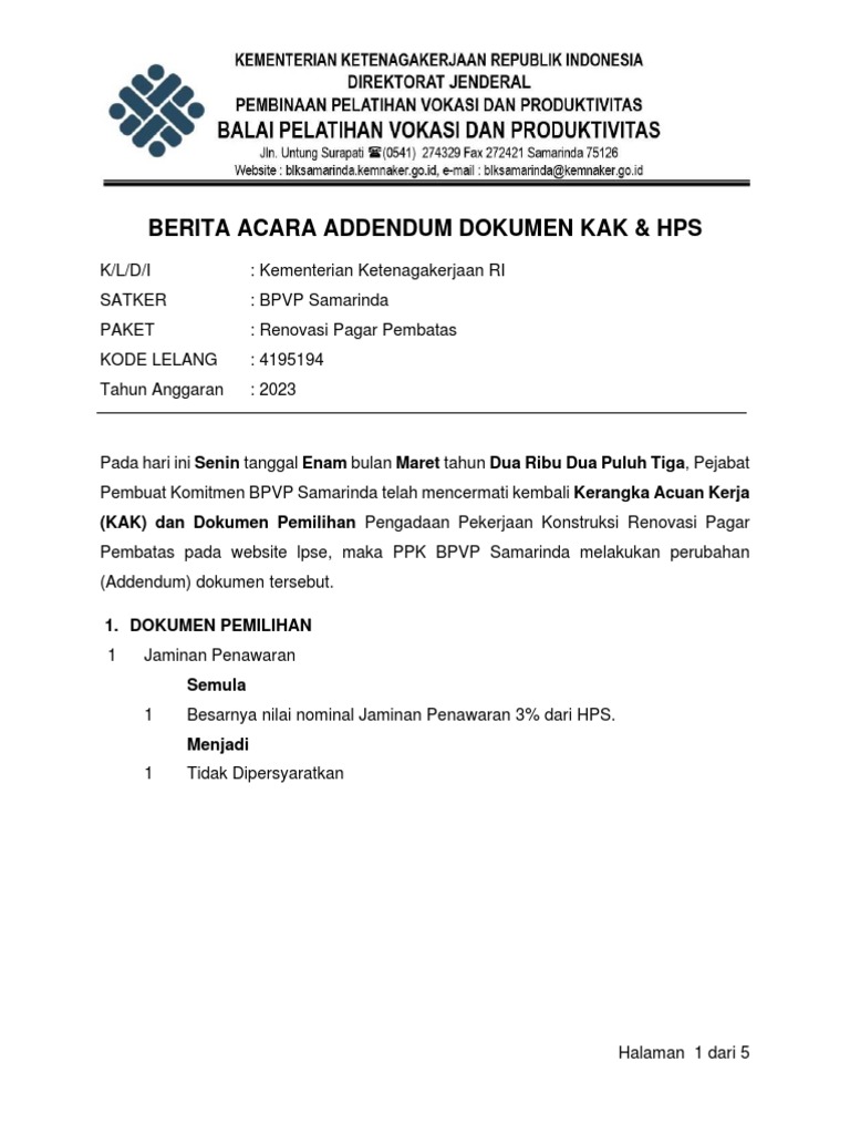 BA Addendum KAK - HPS - Renovasi Pagar | PDF | Teknologi & Rekayasa
