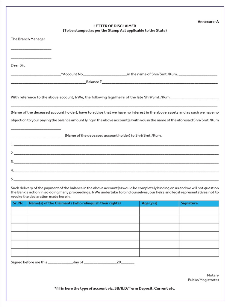 Letter of Disclaimer Format for Banks | PDF | Business