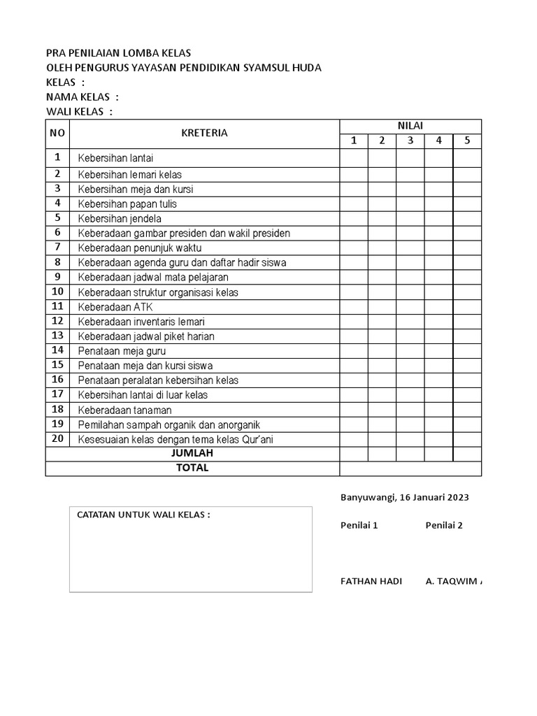 Instrumen Penilaian Lomba Kelas. | PDF