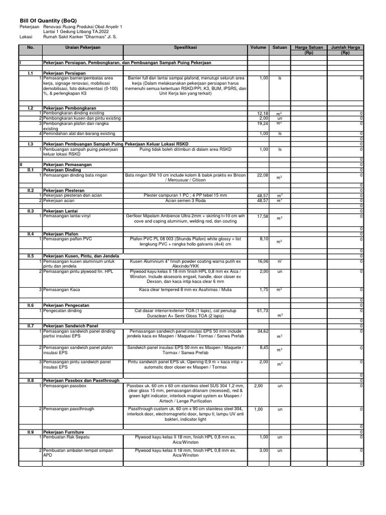 UPLOAD BoQ Ruang Produksi Obat Anyelir 1 Lantai 1 gd. Litbang | PDF