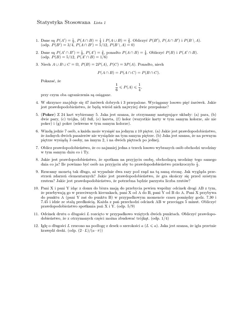 Statystyka Stosowana: Lista 1 | PDF