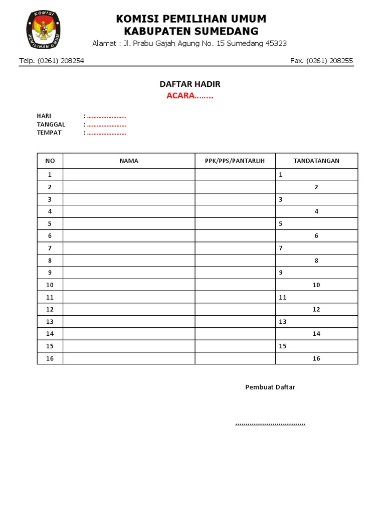 Komisi Pemilihan Umum Kabupaten Sumedang: Daftar Hadir | PDF