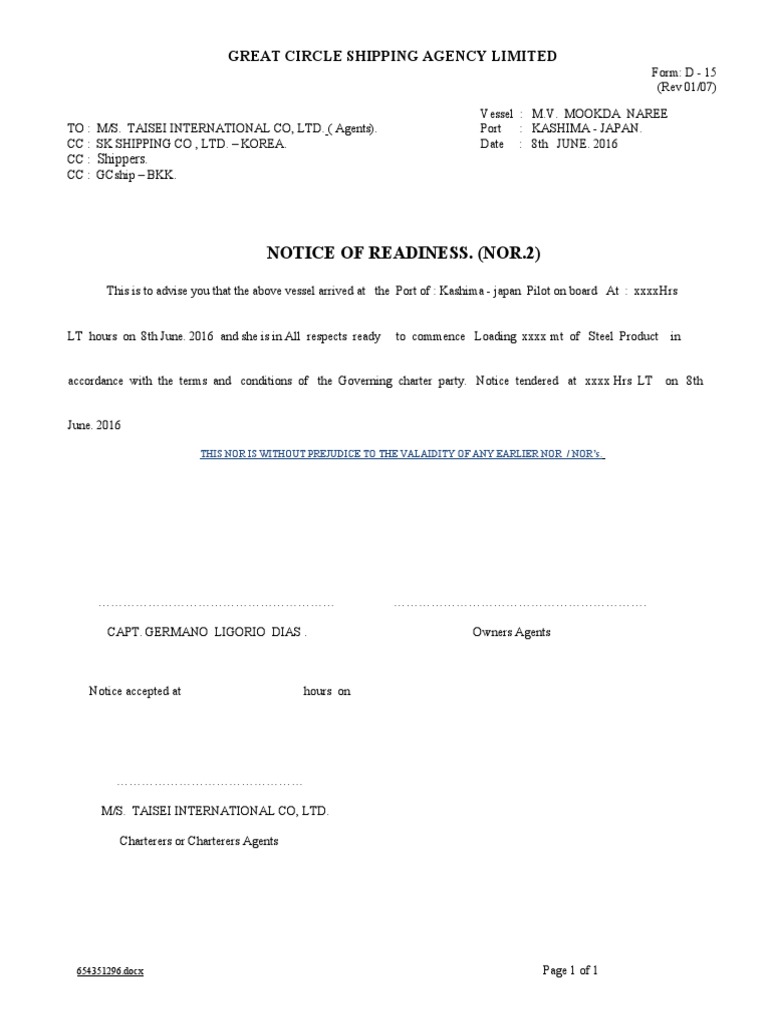 Notice of Readiness 2. POB | PDF