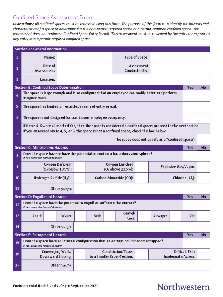 Confined Space Assessment Form: Section A: General Information | PDF ...