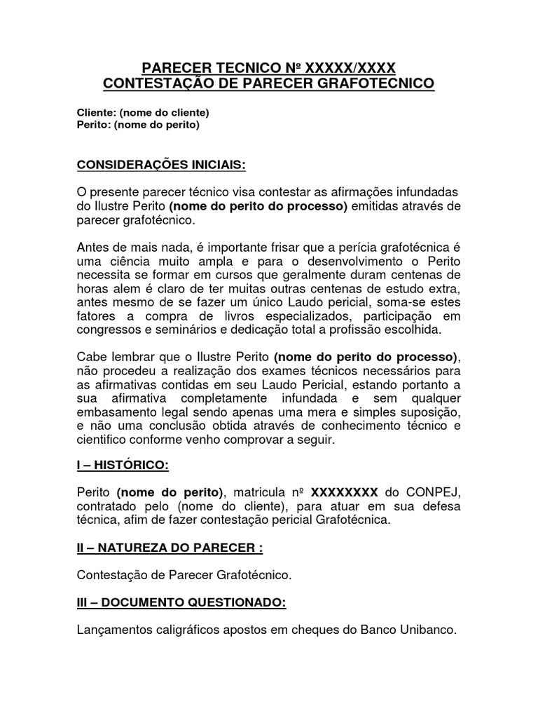 Modelo Parecer Tecnico Contestacao | PDF | Science | Testemunha ...