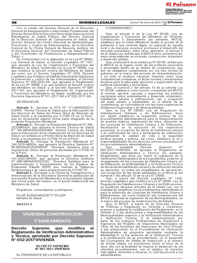 Decreto Supremo Que Modifica El Reglamento de Verificacion A Decreto Supremo N 001 2021 Vivienda ...