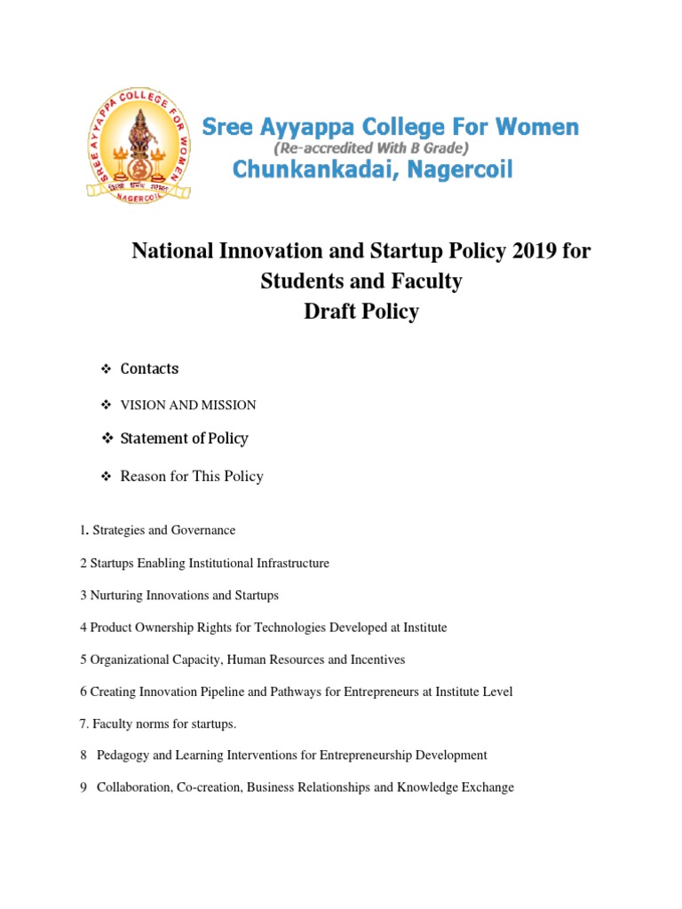 National Innovation and Startup Policy 2019 For Students and Faculty ...