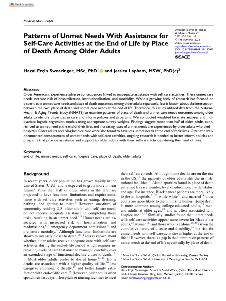 Patterns of Unmet Needs With Assistance For Self-Care Activities at The End of Life by Place of ...
